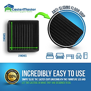 CasterMaster Non Slip Furniture Pads- 2x2 Square Rubber Anti Skid Caster Cups, Leg Coasters- Couch, Chair, Feet, and Bed Stoppers- Anti-Sliding Floor Protectors for Furniture (Set of 4) Black