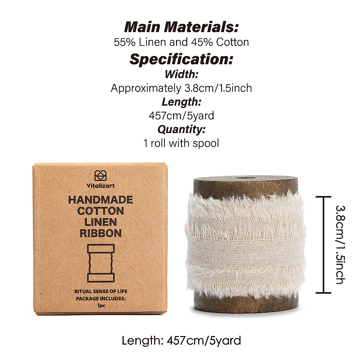 Vitalizart Cotton Ribbon Beige Nude 1-1/2 Inch Linen Ribbon Rustic Frayed Fringes for Gift Wrapping Wedding Invitations Bridal Bouquets Crafts 5 Yard