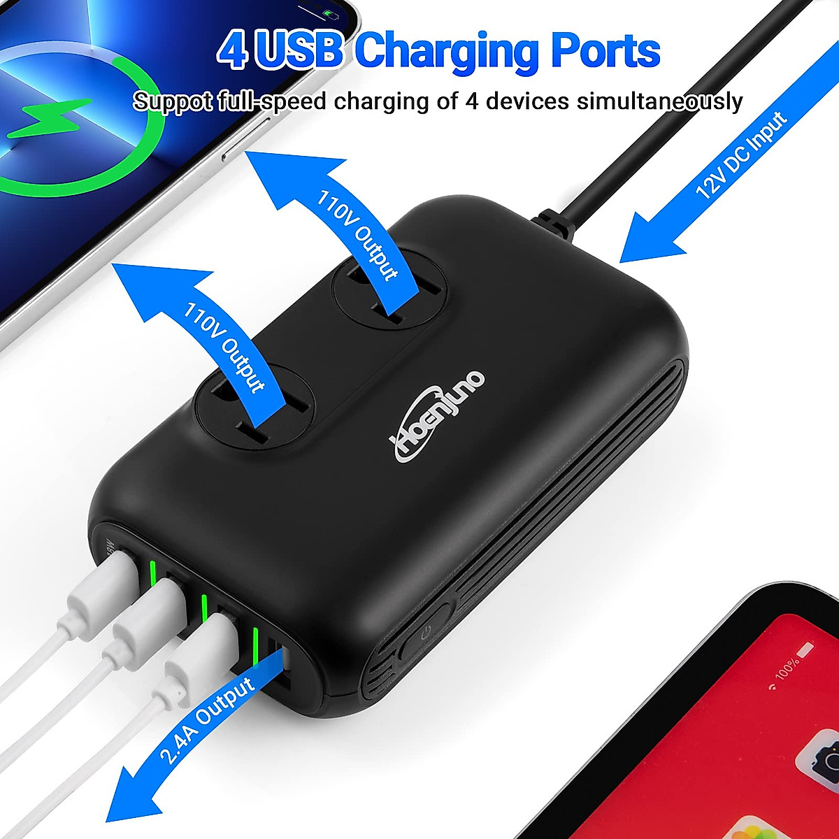 Hoenjuno 200W Car Power Inverter DC 12V to 110V AC Loptop Car Charger, 3 USB Ports Car Adapter Outlet Plug with 1 Type C Ports Black