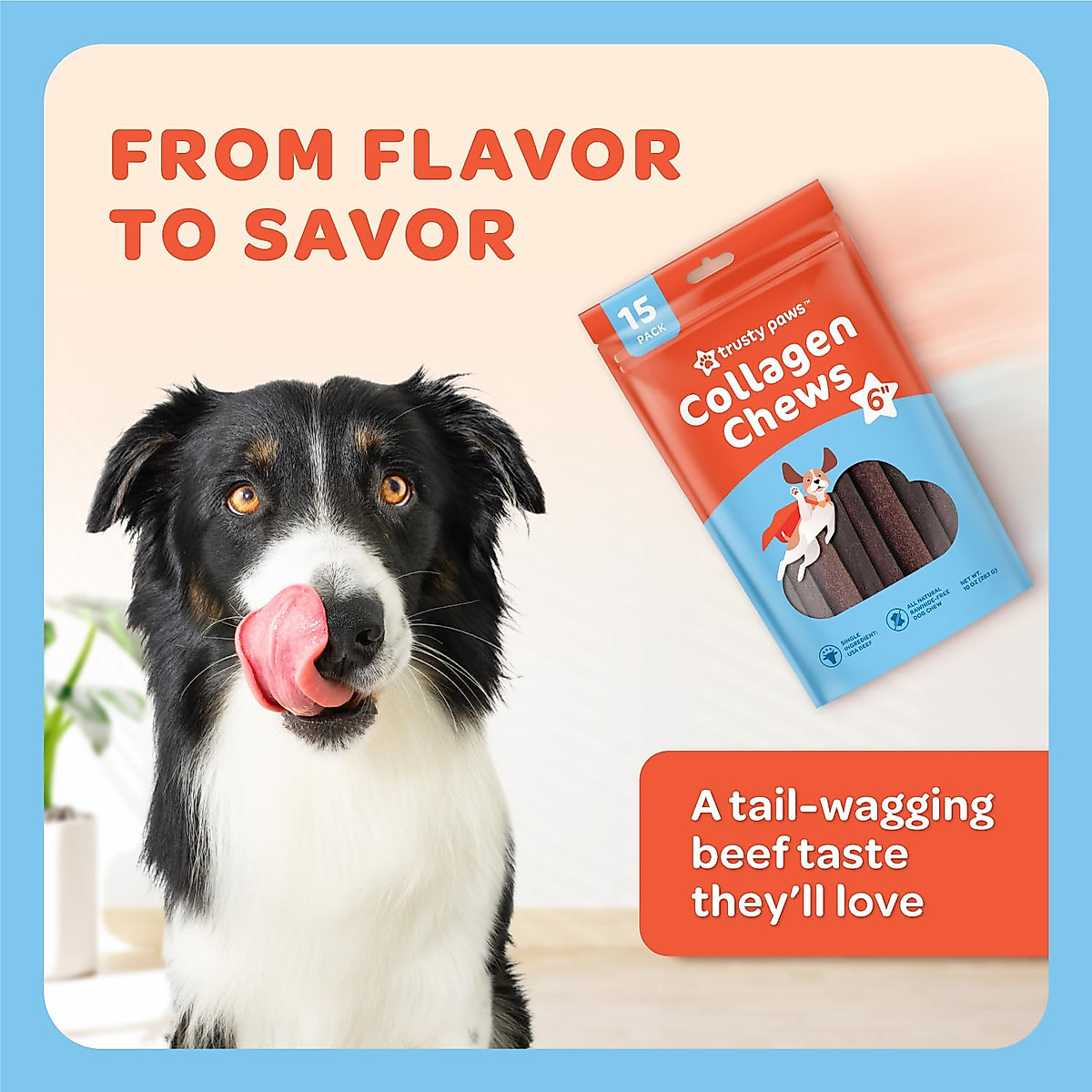 Trusty Paws Beef Collagen Sticks for Dogs - One Ingredient Collagen Chews - USA Beef Collagen Dog Chews Long Lasting - 10oz Bag, 15 Collagen Chew Sticks for Dogs