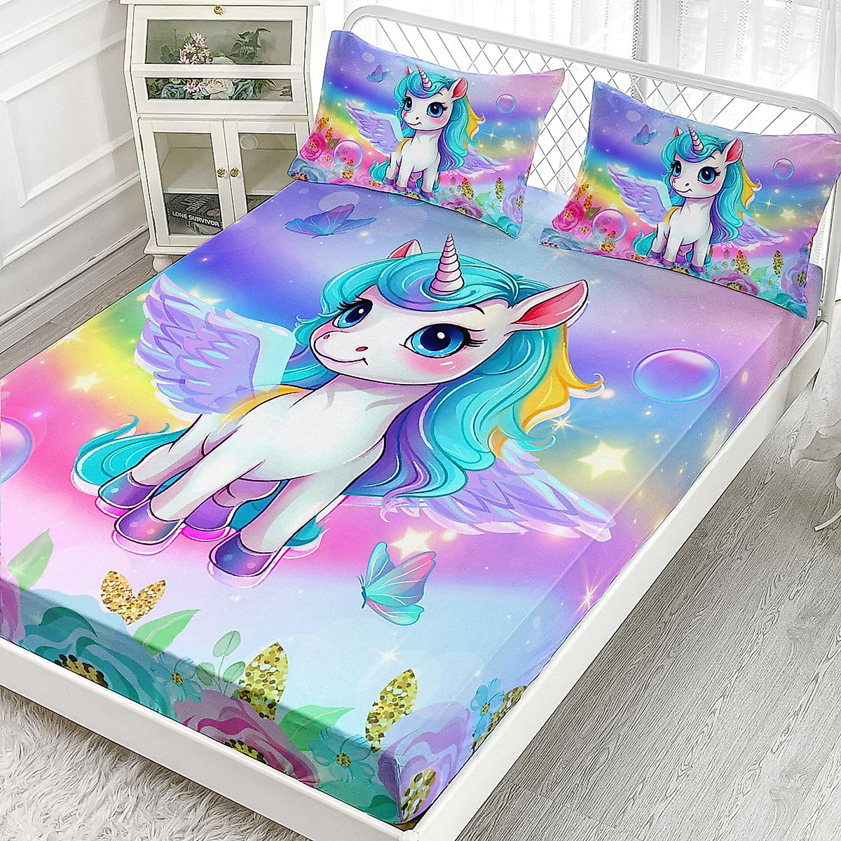 XYNHML Kid Unicorn Fitted Sheet Set Twin Size Rainbow Flower Star Pattern Kid Bed Sheet Cute Unicorn Butterfly Bedding Set for Boys Girls Includes 1 Fitted Sheets & 2 Pillowcases No Flat Sheet