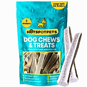hotspot pets Premium Split Elk Antlers for Dogs - 7 Inch Large Antler Dog Chews (2 Pack) Naturally Shed Antler Bone for Large Breed Aggressive Chewers - Made in USA - Promotes Dental Hygiene