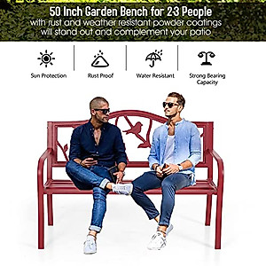Sophia & William Outdoor Patio Metal Park Bench Red, Steel Frame Bench with Backrest and Armrests for Porch, Patio, Garden, Lawn, Balcony, Backyard and Indoor, 50.4”Wx23.5”D x35.0”H