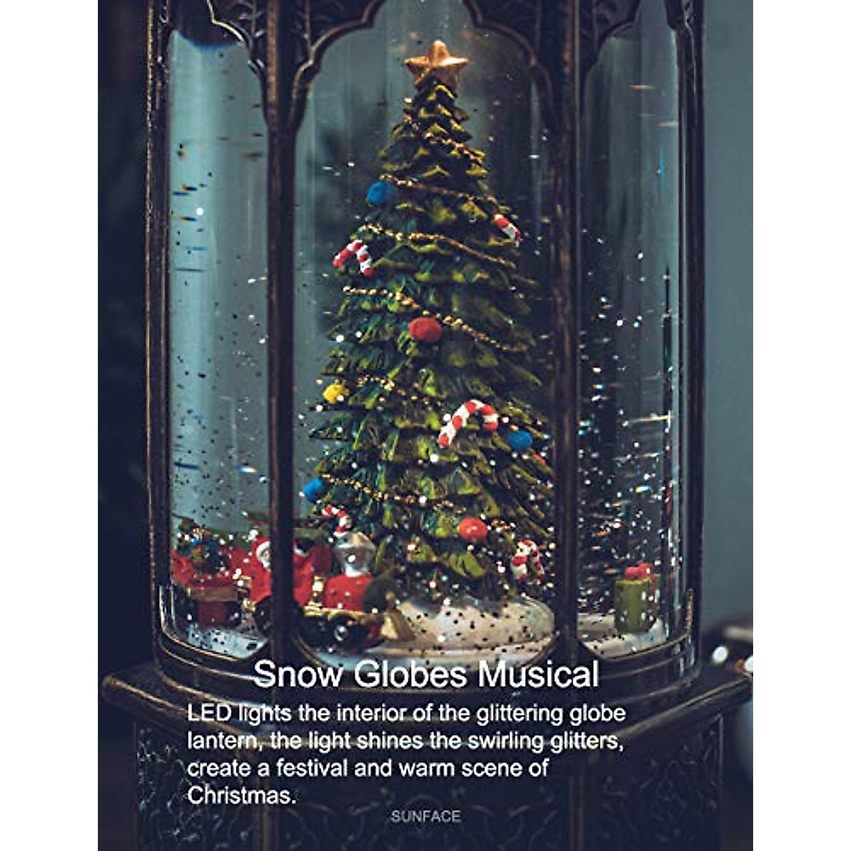 Christmas Snow Globe Lantern 11",USB & Battery Operated Lighted Swirling Glitter Water Lantern with Timer for Christma Home Decoration (Trees)
