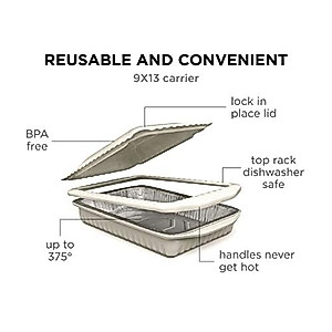 Foil Decor Foil Pan Holder with Lid, 9x13x2 Foil Pan Carrier w/Heat Resistant Handles, Foil Pan Supporter w/Lid, Includes 1 Foil Pan, Made in the USA Travel Serving Dish - White