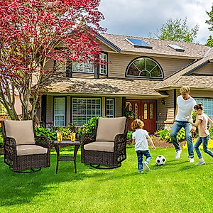 Amyove 3 Pieces Outdoor Wicker Swivel Patio Set, 360° Swivel Rocking Patio Chairs of 2 with Side Table and Fabric Cushions for Outside, Yard, Garden, Balcony (Beige)