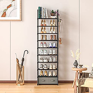 OYREL Sturdy Metal Shoe Rack Organizer,Narrow Shoe Racks for Closets, Shoe Stand,Shoe Shelf (10 Tier with 2 Boxes and 1 Hook)