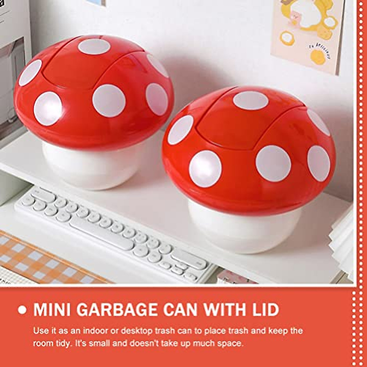 Hemoton Mushroom Mini Trash Can with Lid,Desktop Trash Can,Countertop Mini Garbage Cans, Mini Trash Can for Desk,Tiny Waste Basket