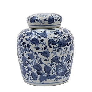 Creative Co-Op Blue & White Ceramic Ginger Jar with Lid