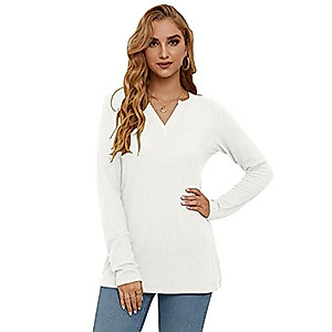 AUSELILY Women Casual Long Sleeve Waffle Knit Solid Color V-Neck Shirt Tunic White M