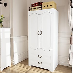 Janmer Home Armoire Wardrobe Closet with 2 Drawers, Tall Wooden Wardrobe Closet with 2 Doors and Hanging Rail, Free Standing White Armoire for Bedroom (Retro, White)