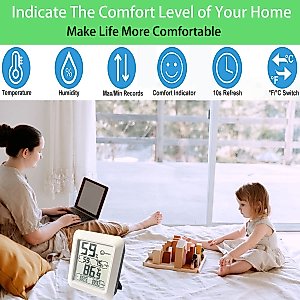 Digital Temperature and Humidity Meter Sensor Gauge Large LCD Display Indoor Room Temperature Hygrometer Monitor Air Comfort Indicator for Pet Reptile,Greenhouse,Basement,Humidor,Guitar,Office,Cellar