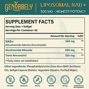 GENOBBELY 800 mg Liposomal NAD+ Supplement with Nicotinamide Riboside 200 mg, Trans-Resveratrol 100 mg - True NAD Supplement for DNA Repair, Healthy Aging, Brain Function - 120-Day Supply.