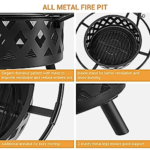 30 Inch Large Fire Pit with Cooking Grate for Outside, Ohuhu 2-in-1 Outdoor Wood Burning Fire Pits with Fireproof Mat, Mesh Lid & Poker, BBQ Grill Firepit for Patio Backyard Garden Camping Bonfire
