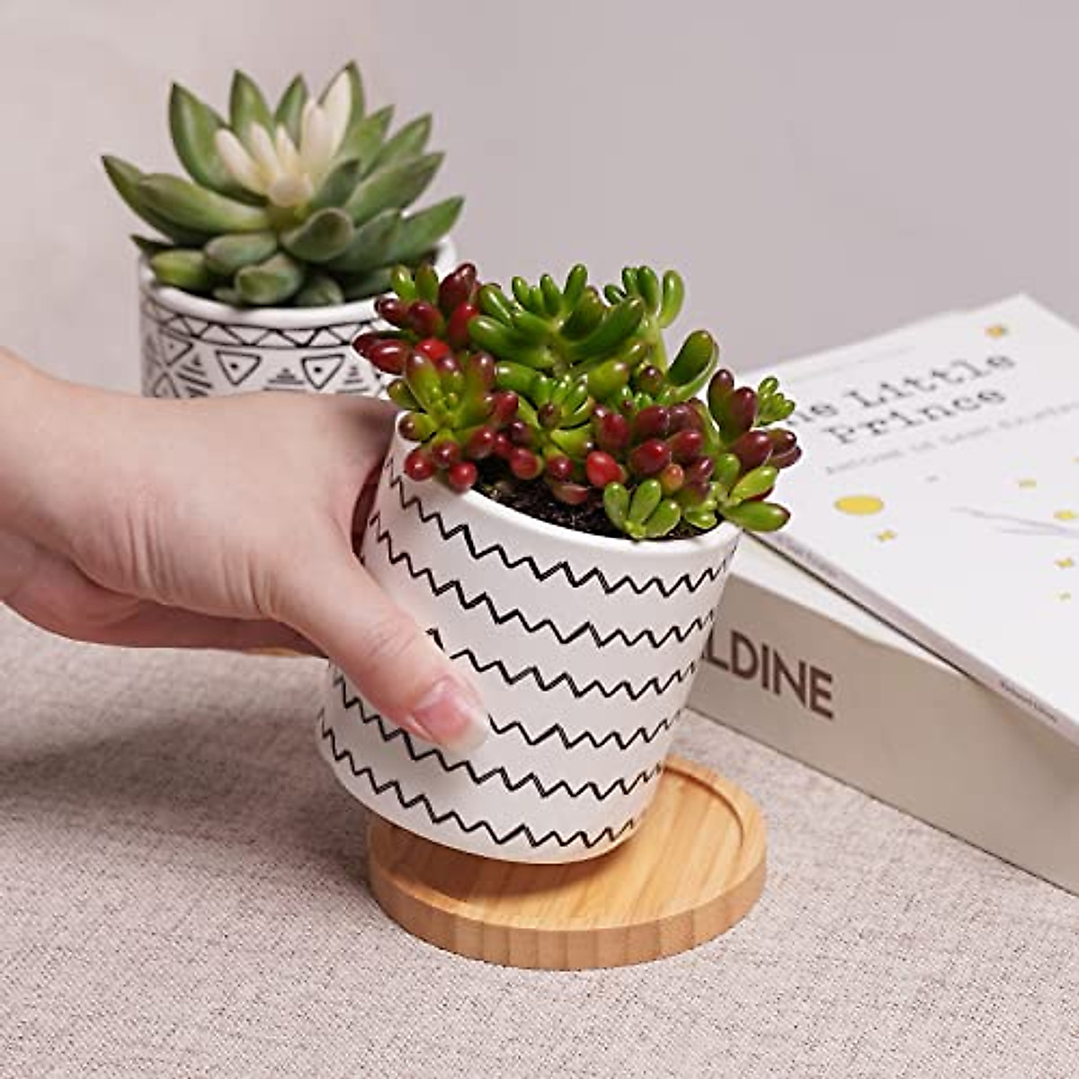 JOFAMY Succulent Pots, 4 Pack Ceramic Planters for Indoor Plants, Boho Original Design Flower Pots with Drainage Hole, Bamboo Tray. Stylish Plant Pots for Succulents, Aloe, Cactus, Home Office Decor