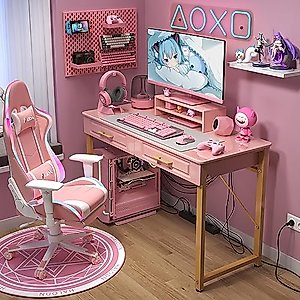 WESTREE Modern Makeup Vanity Desk with Glossy Desktop,Bedroom Home Office Writing Desk with Drawers, Storage Shelf, Gold Metal Frame for Dressing Table Without Mirror