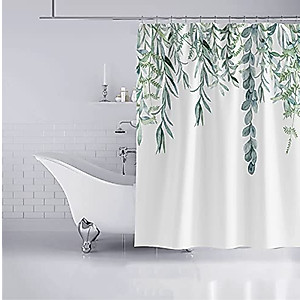 Muuyi Shower Curtain for Bathroom with 12 Hooks, 3D Printing Washable Waterproof Cloth Plant Leaf Fabric, 72 x 72 Inches (Willow), Green