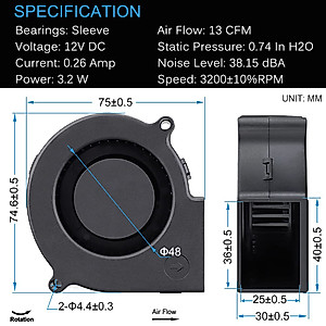GDSTIME 75mm x 30mm 7530 DC 12 Volt Brushless Turbo Blower Cooling Fan 2Pin