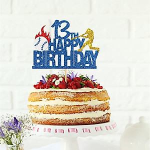 Baseball Themed 13th Birthday Cake Topper, Sport Baseball 13th Birthday Cake Decorations, Teenager Happy Birthday Party Supplies, Glittery Blue