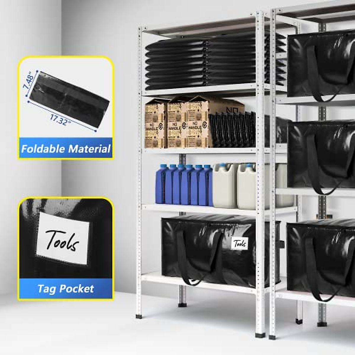 FADOTY 4 Pack Extra Large Moving Storage Bags with Zippers & Reinforced Handles Foldable Storage Totes with Lids Heavy Duty for Space Saving Packing Supplies Bags for Moving Storing, Black