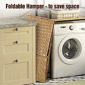 GREENSTELL Laundry Hamper, No Install Needed, 90L Wicker Laundry Baskets Foldable 2 Removable Liner Bags, 2 Section Clothes Hamper Handwoven Laundry Basket with Handles, Nature 18.3x13.3x24 Inches