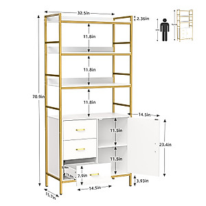 71" Tall Bookshelf with Storage Cabinet, Bookcase with Doors, Inter Adjustable shelf, 3 Wooden Drawers, 4 Tier Open Shelves, Modern Display Rack for Living Room, Kitchen, Home Office, White and Gold