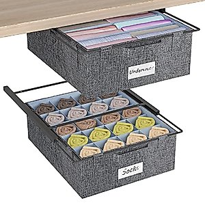 JKsmart Pull Out Sock Underwear Organizer Divider, Under Shelf Fabric Dresser Organizers, Foldable Closet Storage Drawer for Socks and Underwear, Ties, Bra, Panty Clothes, 2 Set, Grey