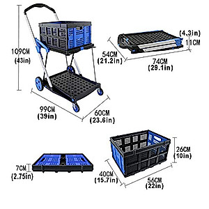 Folding Shopping Cart with Wheels, Collapsible Cart with Basket, 2-Layer Utility Carts, Outdoor Wagon for Groceries, Hand Truck (Folding Cart + Crate)