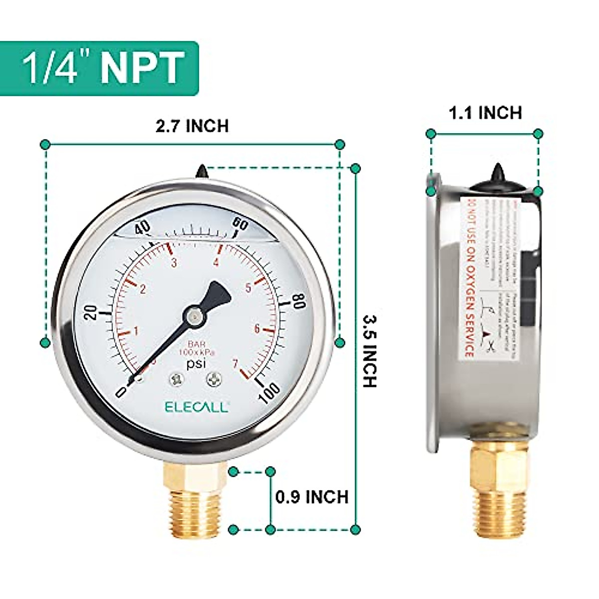 ELECALL 100psi Silicone Oil Filled Pressure Gauge for Water Oil Air Pressure Test in Pool Pump Sand Filter Air Compressor Water System, 2-1/2" Stainless Steel Case, Lower Mount 1/4"NPT