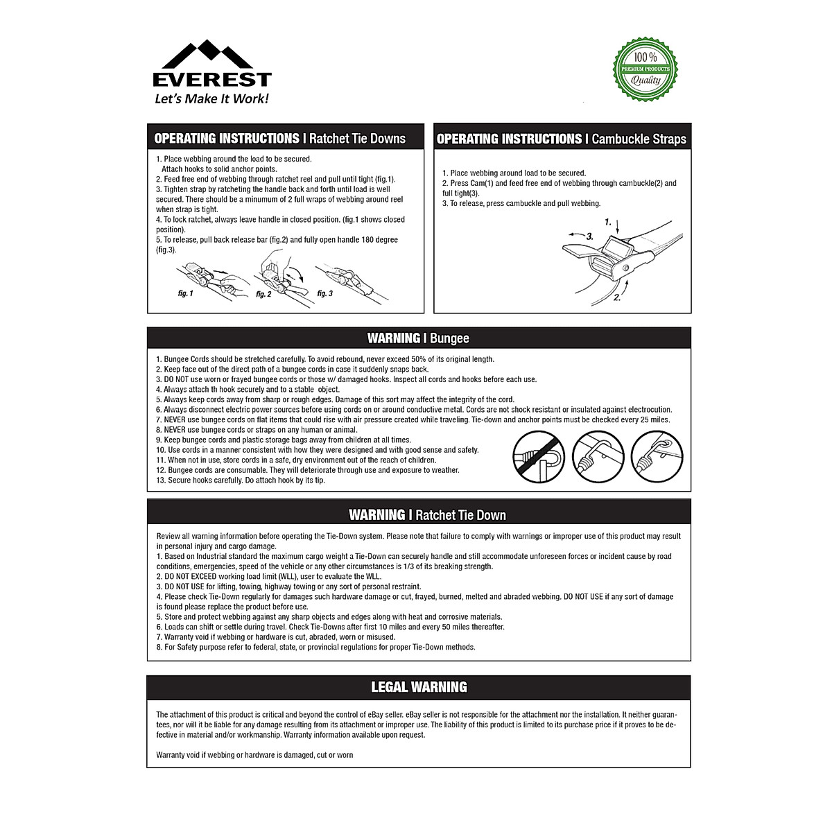 Everest Premium Ratchet Tie Down – 1 PK – 1 IN – 15 FT – 500 LBS Working Load – 1500 LBS Break Strength – Cambuckle Alternative – Cargo Straps Perfect for Moving Appliances, Lawn Equipment and Motorcycles, Pack of 1