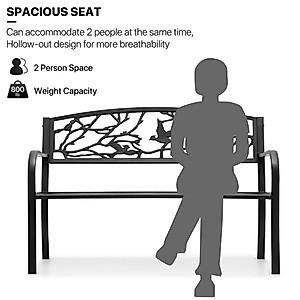 MoNiBloom Outdoor Bench Garden Patio Porch Furniture Aluminum Lightweight Sturdy 50 inch Bench with Aluminum Steel Metal Frame Birds and Branches Design for Lawn Yard, 800 lbs Load Capacity, Balck