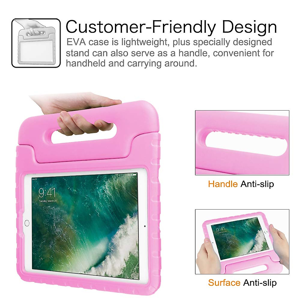 Fintie Case for iPad 6th Generation 2018 / iPad 5th Generation 2017 / iPad Air 2 / iPad Air (9.7 Inch) - Kiddie Series Light Weight Shock Proof Convertible Handle Stand Cover Kids Friendly, Pink
