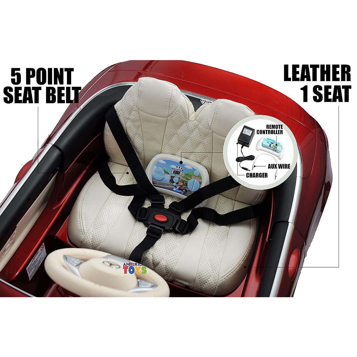 Americas Toys Kids Car with Mp4 Touchscreen, Bluetooth, Remote Control, Leather Beige Seat – Electric Car One Seater with Open Doors, 5 points Safety Belt, Compatible with Mercedes Maybach Painted Red