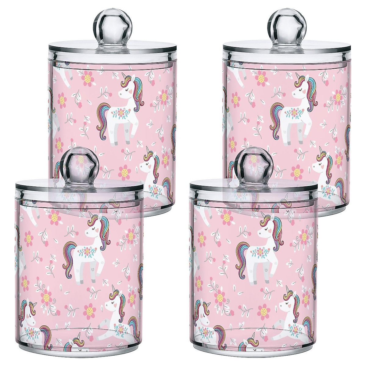 SDMKA 2 Pack Apothecary Jars Bathroom White Unicorn Pink Qtip Holder Dispenser Clear Plastic Storage Canister Jar with Lid for Cotton Ball, Cotton Swab