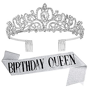 KICOSY Birthday Crown for Women Birthday Sash and Crown Silver Birthday Decorations Crystal Tiara and Birthday Queen Sash Party Favor Gifts for Women and Girls Hair Accessories