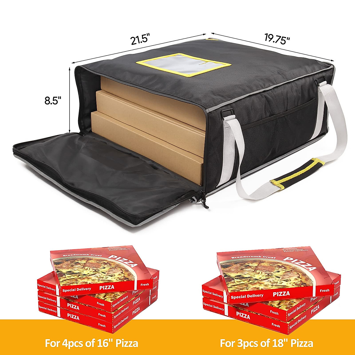 Semmiro Insulated Pizza Delivery & Warmer Bag, Breathable Silk-Floss Padding to Retain Heat & Release Steam, Waterproof Zipper Closure, Fits 3pcs 18" Pizza / 4pcs 16" Pizza, 21.5" x 19.75" x 8.5"