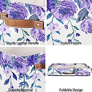 Purple Flower Pattern Storage Basket Bins for Organizing Pantry/Shelves/Office/Girls Room, Floral Print Storage Cube Box with Handles Collapsible Toys Organizer 13x13