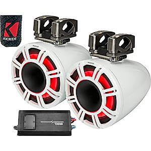 KICKER Speakers and Amp Package 11" Horn-Loaded Tower System (White) and DS18 800W 4-Channel Marine Amplifier