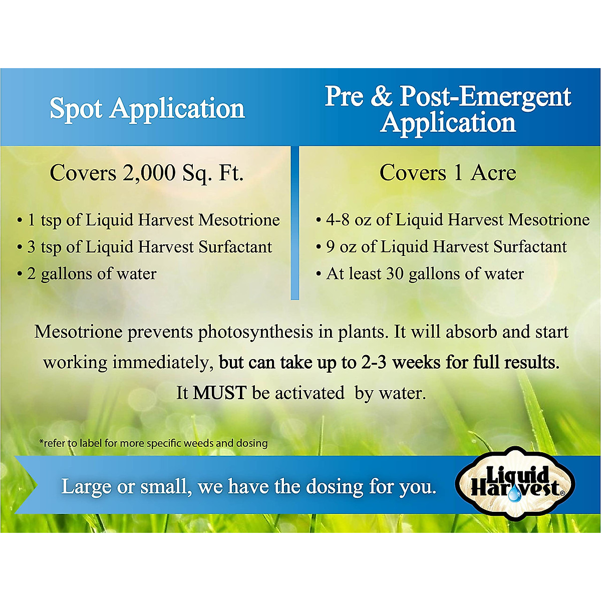 Liquid Harvest Mesotrione - 32oz - Mesotrione Concentrate (Compare to Tenacity) - Pre and Post-Emergent Weed Killer for Lawn and Turf Grasses