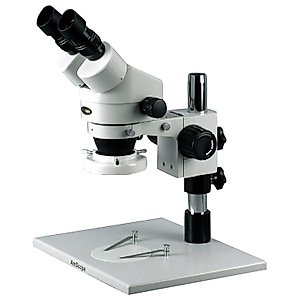 AmScope SM-1BZ-FRL Professional Binocular Stereo Zoom Microscope, WH10x Eyepieces, 3.5x-90x Magnification, 0.7X-4.5X Zoom Objective, Fluorescent Ring Light, Large Table Pillar Stand, 110V-240V, Includes 0.5x and 2.0x Barlow Lenses