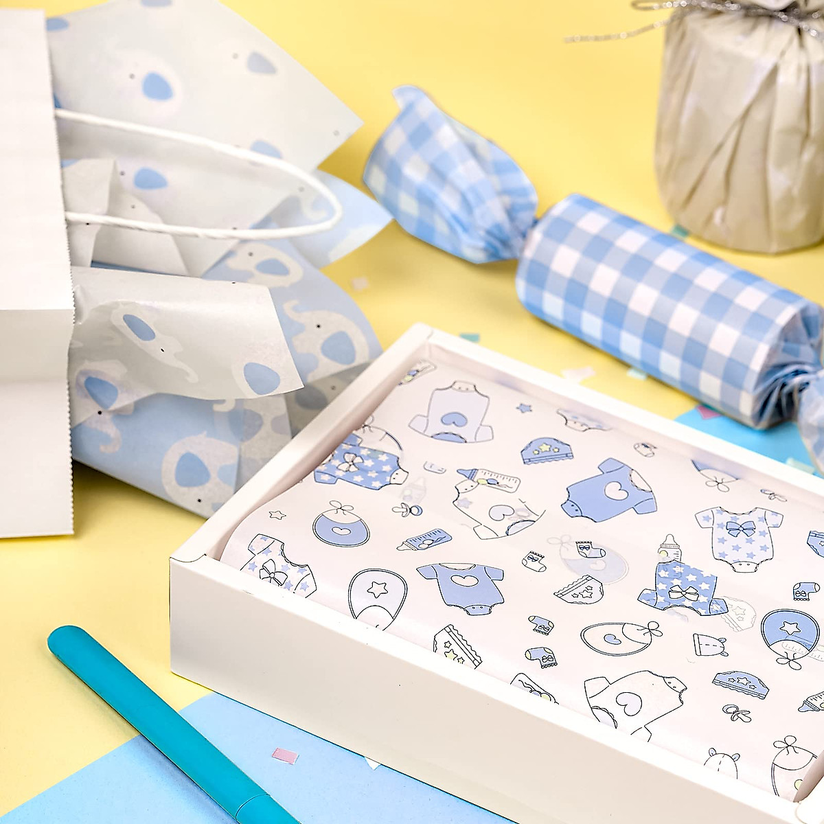 MAYPLUSS Wrapping Tissue Paper - 90 Sheets - Baby Boy Design - 13.7 inch X 19.7 inch Per Sheet