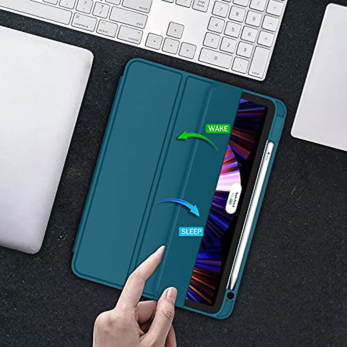 ZryXal New iPad Pro 11 Inch Case 2022(4th Gen)/2021(3rd Gen)/2020(2nd Gen) with Pencil Holder,Smart iPad Case [Support Touch ID and Auto Wake/Sleep] with Auto 2nd Gen Pencil Charging (Teal)