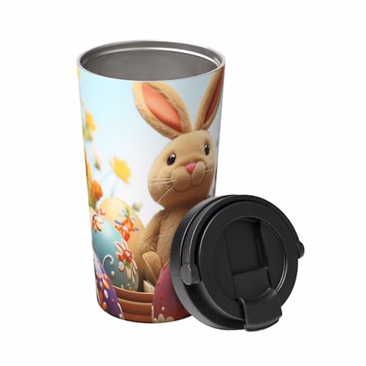 GTKSYNVE Reusable Coffee Mug with Lid and Handle, Easter Colorful Eggs Tumbler for Hot & Cold Drinks 16oz Stainless Steel Insulated Coffee Tumblers Double Wall Vacuum Thermal Cup