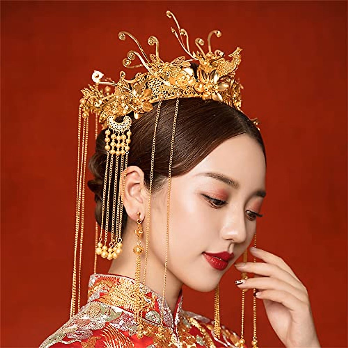 Getrelax Chinese Wedding Bride Hair Accessory Chinese Crown Wedding Hair Accessories Golden Flower Floral Beaded Flapper Headband Jeweled Bridal Wedding Tiara