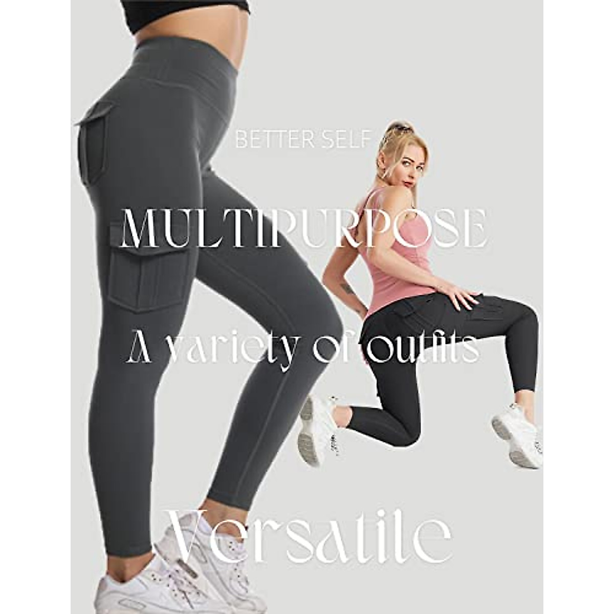 COMFY ONE Cargo Leggings with Pockets for Women High Waisted Elastic Yoga Workout Lounge Pants Dark GrayXL