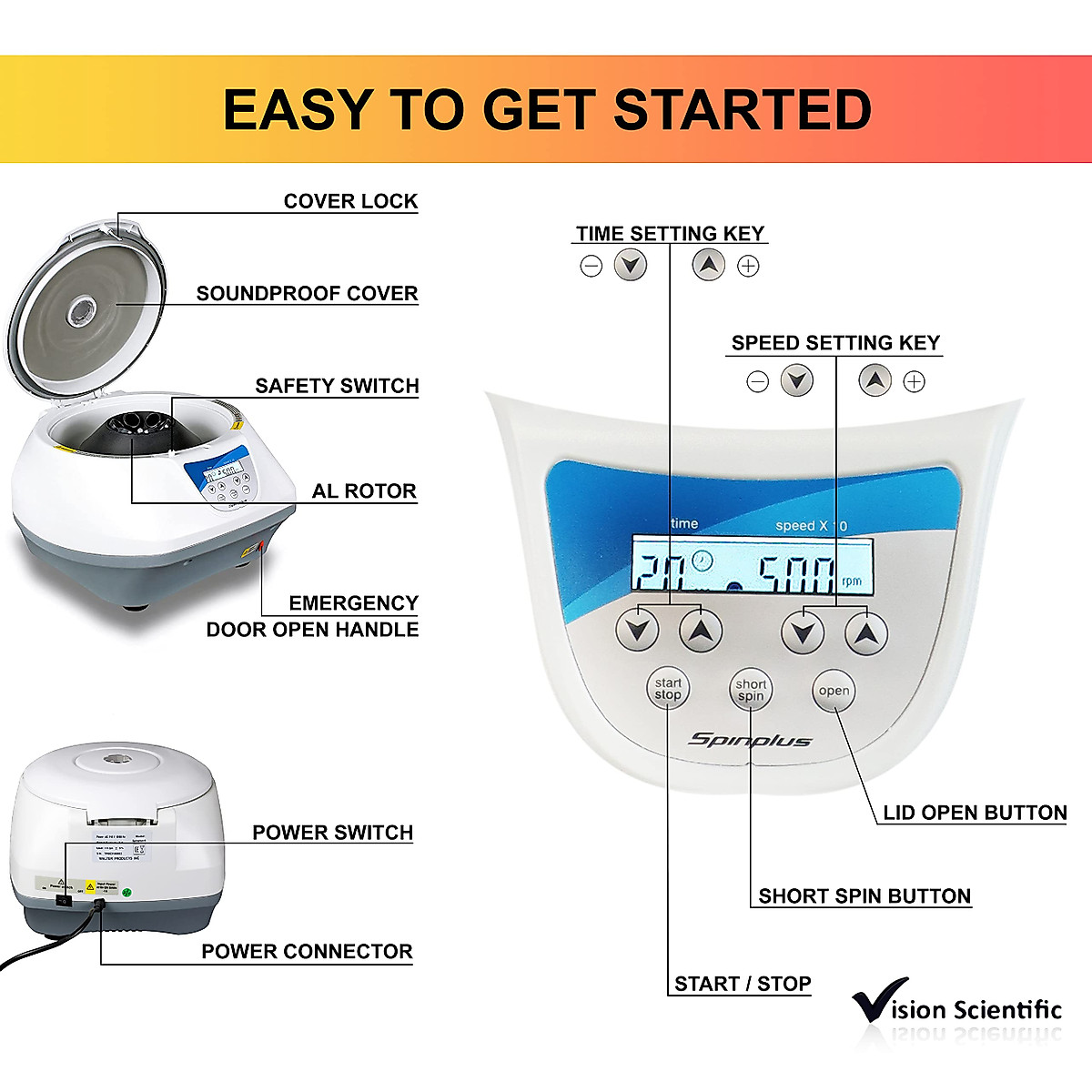 Vision Scientific VS-TC-SPINPLUS-6 Bench-top Centrifuge | 400-5000rpm (Max. 3074xg) | LCD Display | Capacity: 6 x 15ml