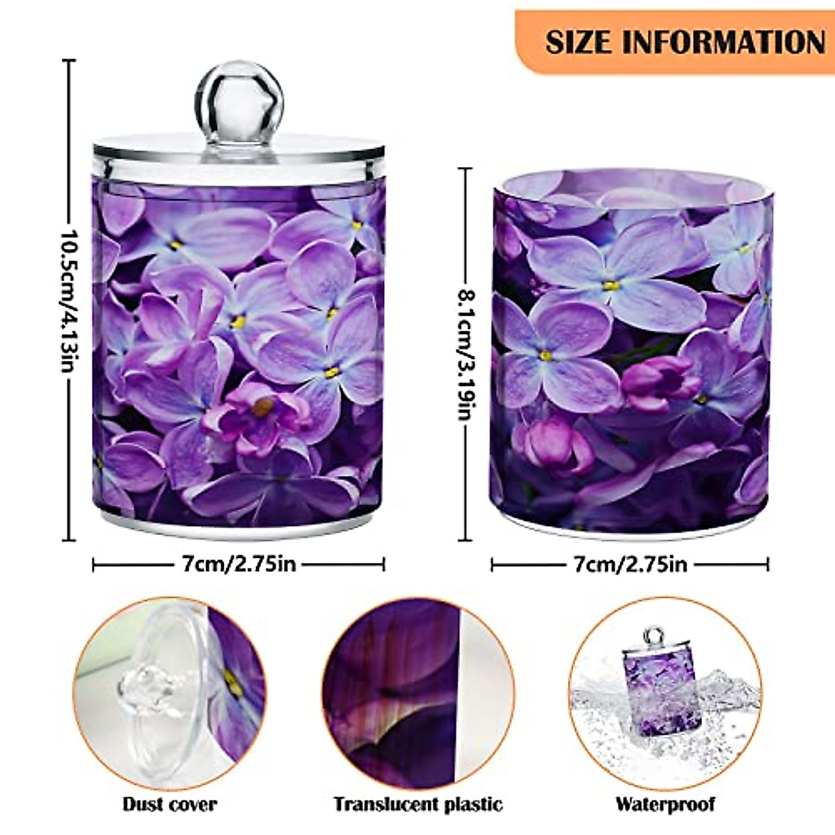 Kigai 2PCS Spring Lilac Purple Floral Qtip Holder Dispenser with Lids - 14 oz Bathroom Storage Organizer Set, Clear Apothecary Jars Food Storage Containers, for Tea, Coffee, Cotton Ball, Floss