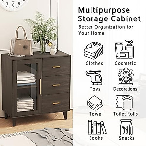 Function Home Sideboard Buffet, Storage Cabinet with Glass Door, Wood Accent Console with Drawers, Mid Century Coffee Bar for Kitchen, Living Room, Hallway, Entry, Walnut