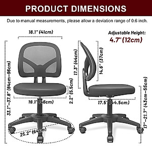 V&LX Armless Swivel Mesh Office Chair Height Adjustable with Lumber Support for Small Spaces, Black