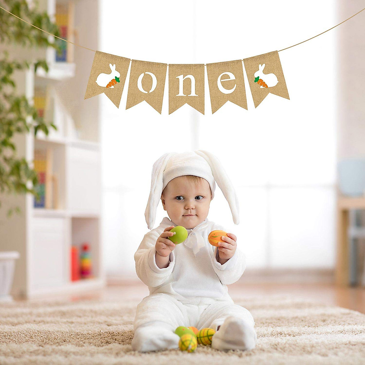 Rainlemon Jute Burlap One High Chair Banner with Bunny Spring Boy Girl 1st Birthday Party Highchair Decoration Supply